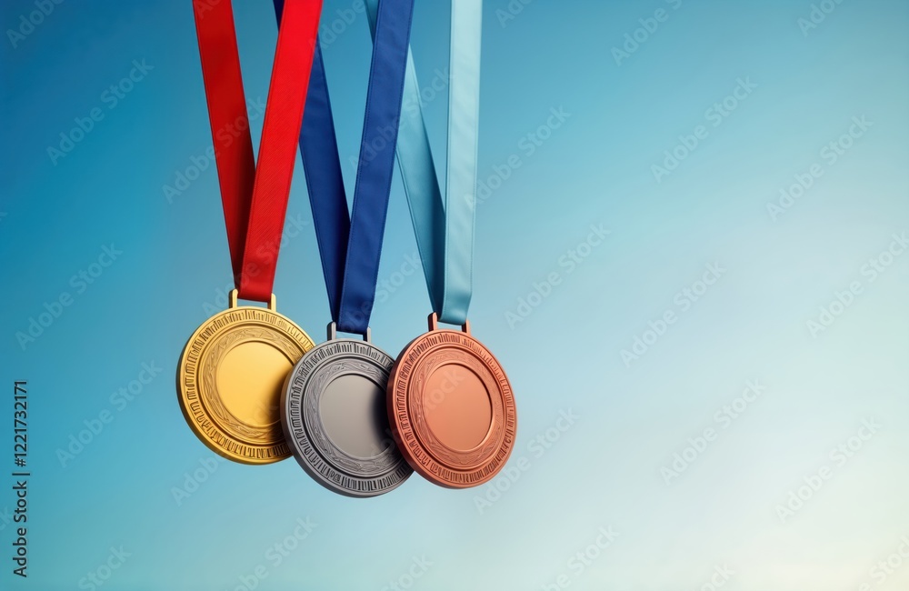 Three medals with red blue, light blue ribbons hang against clear blue ...