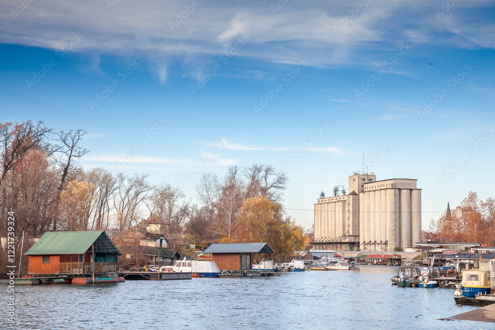 Panorama of the Tamis river on Pancevo Waterfront in the city center ...