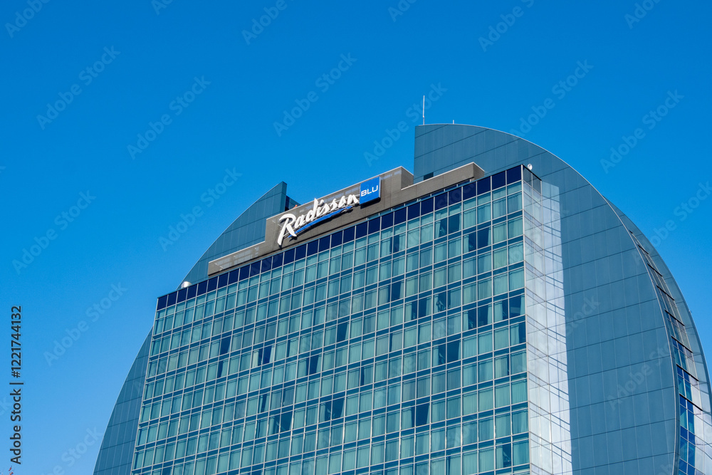 modern Radisson Blu hotel building, travel hospitality, sleek glass ...