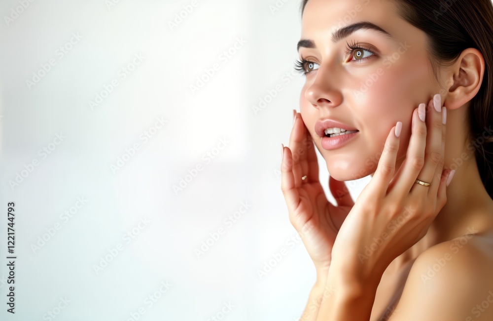 Beautiful young woman with bare skin smiles softly. Gently touches face ...