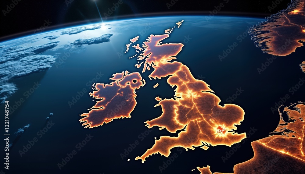 UK map at night. Earth view from space. Illuminated cities show ...