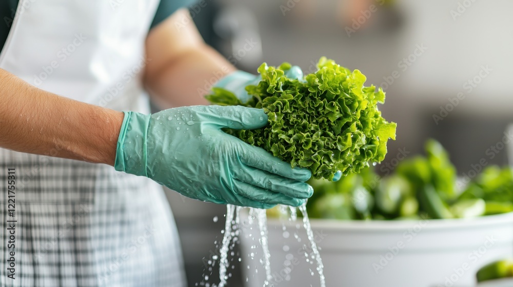 Sanitation and prevention for food safety. Washing fresh greens in a ...