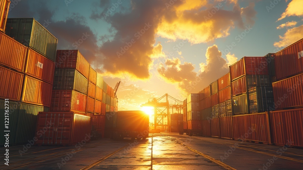 shipyard full of cargo containers in sunset sky, logistic import export ...