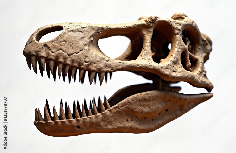 Fossil dinosaur head skeleton isolated white background. Tyrannosaurus ...