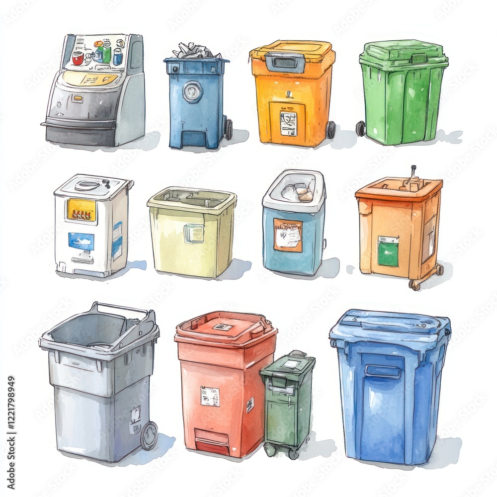 A collection of colorful and various types of trash cans, recycling ...