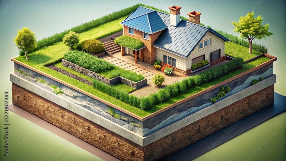 Isometric View of Layered Grass, Soil, and Tiles - Architectural Detail ...