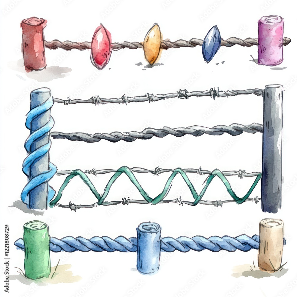 Different types of fences, including barbed wire, rope, and wooden ...