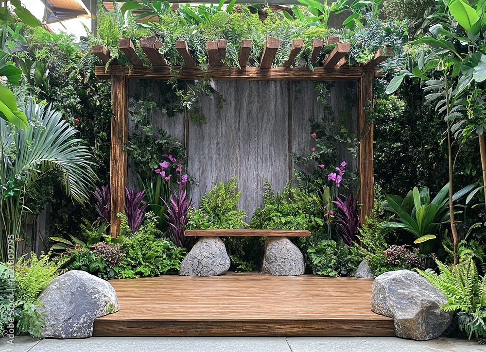 Podium batu dengan latar belakang hutan tropis, cocok untuk presentasi ...