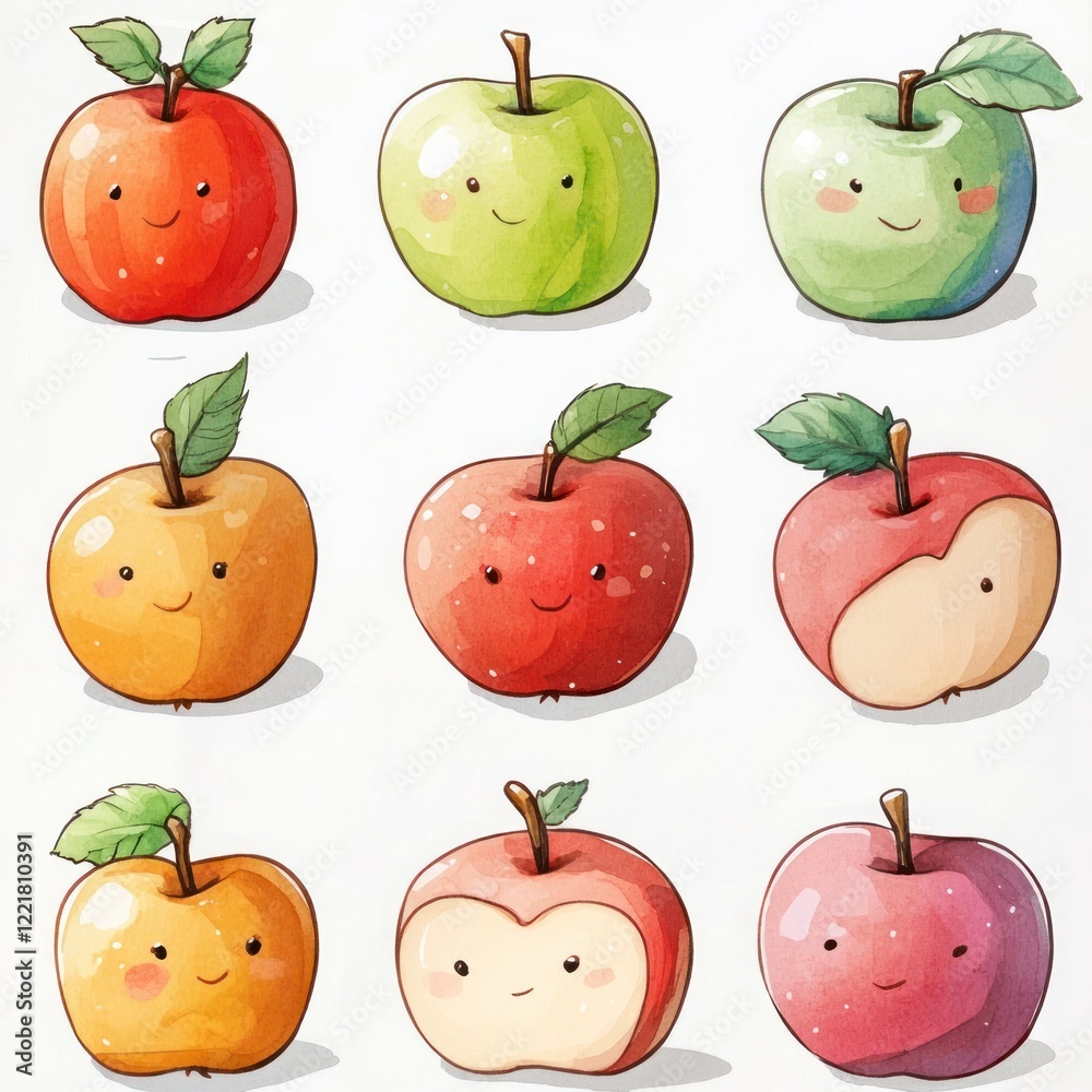Nine adorable cartoon apples with happy faces in different colors and ...