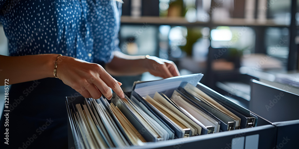 Woman organizing files in a cabinet at an office, Workplace ...