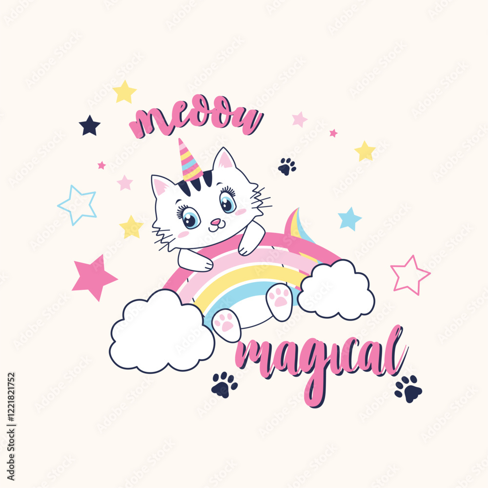 cute unicorn cat vector illustration with beautiful cloud and rainbow ...