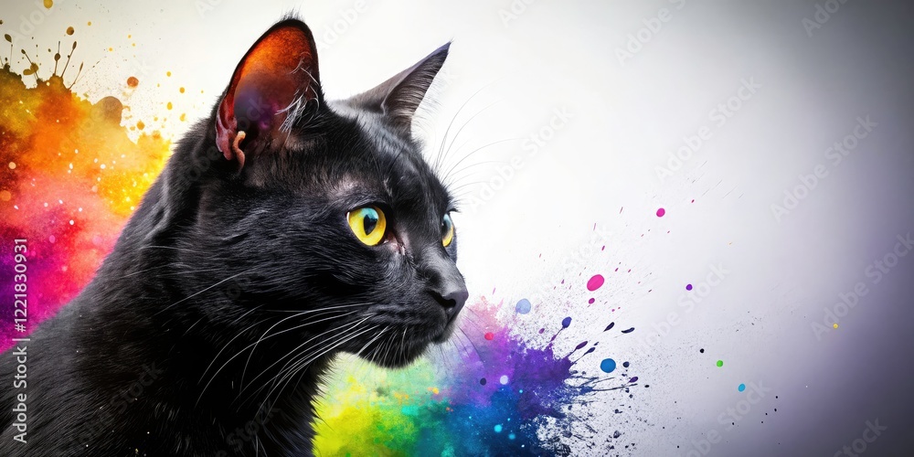 Black Cat Profile Panoramic Wallpaper, White Background, Splatter Art ...