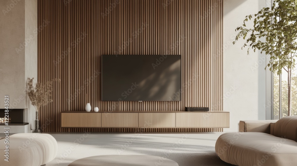 Earth tone modern minimalist TV cabinet with clean lines, featuring a ...