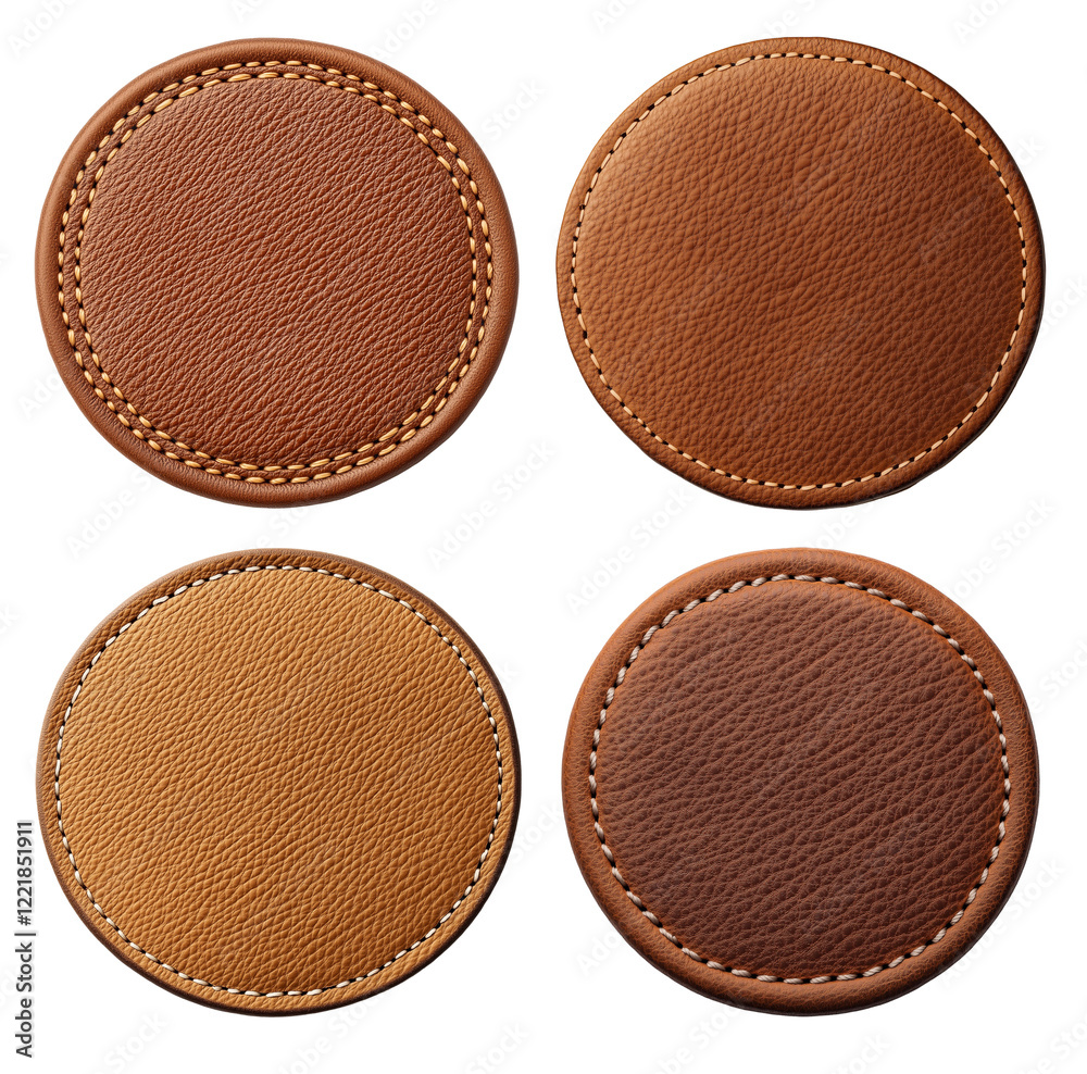 Realistic circle patch mockups with stitching on textured leather Stock ...