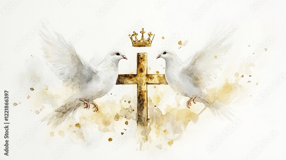 Serene white doves flank golden cross crowned peacefully soft ...