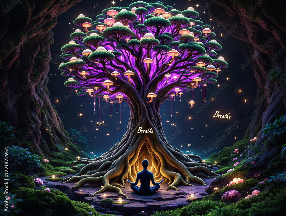 Mindful Roots: Brain Tree with Glowing Mushrooms and Underground ...