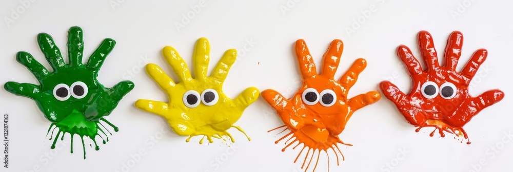Four colorful handprints with googly eyes and paint dripping down. AI ...