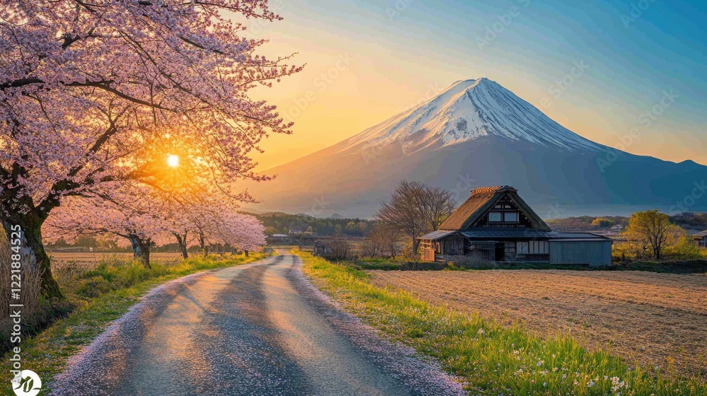 beautiful clean and tidy road to Mount Fuji with blooming pink cherry ...
