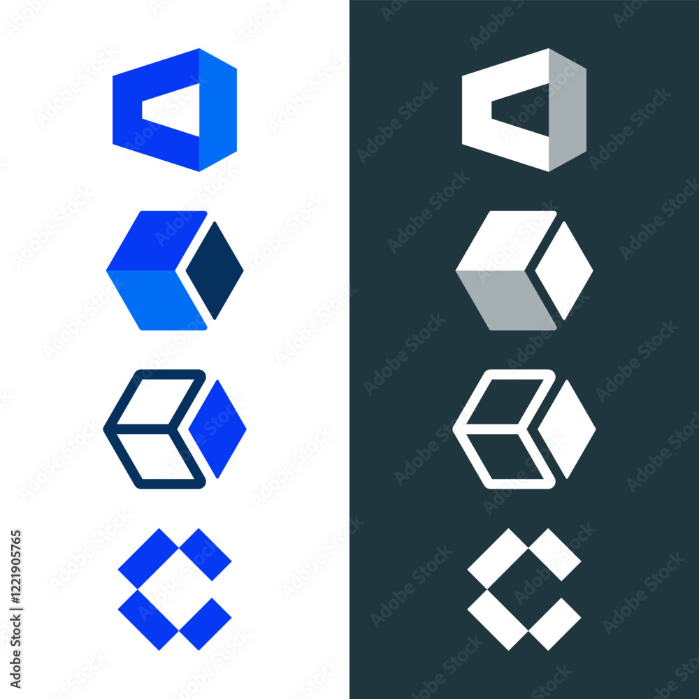 This set of logos features abstract geometric shapes representing boxes ...