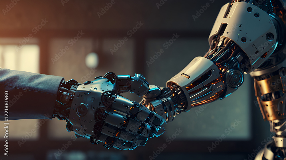 Handshake between a businessman and a robot discussing technological ...