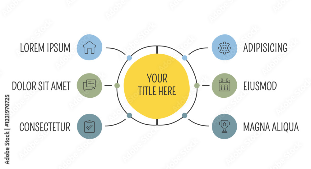 Hand drawn mind map template with six circles, circle diagram ...
