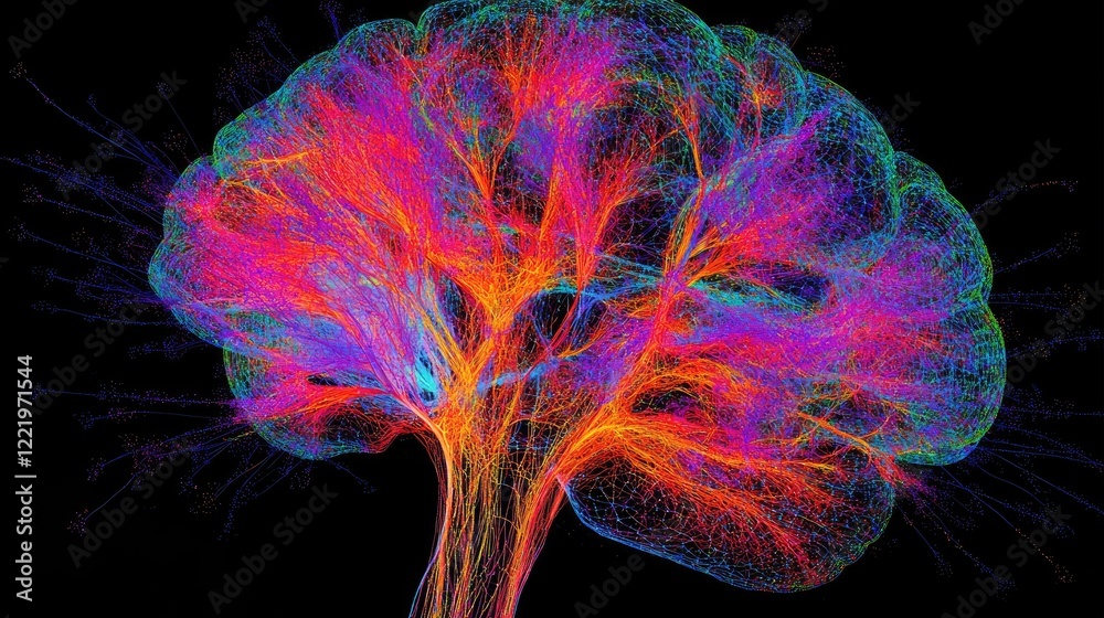 Illustrate a map of the brain's neural connections, using abstract ...