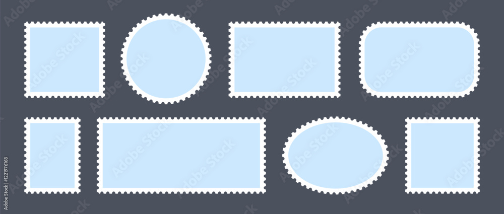Blue postage stamps set. Post stamp frames and borders. Ellipse ...