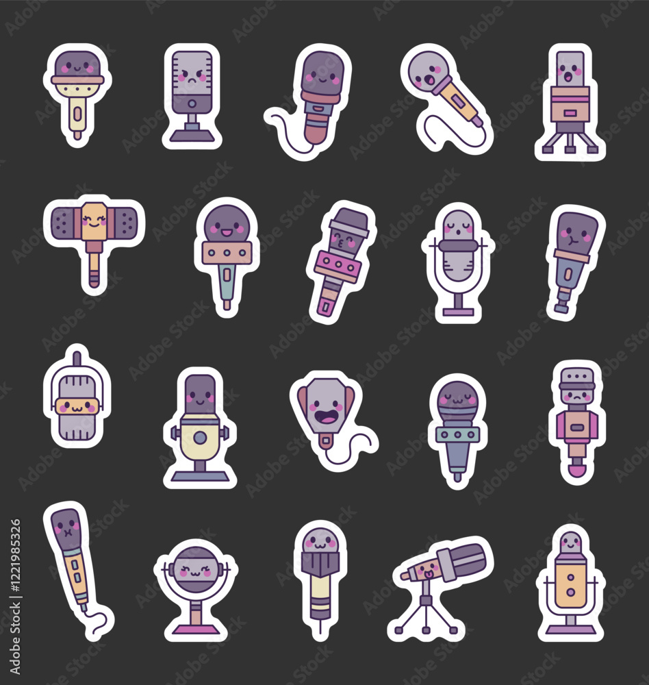 Set of microphone cute kawaii cartoon characters with emotions, funny ...