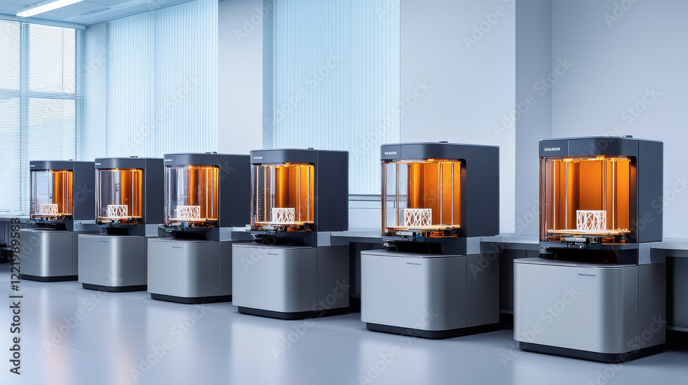 3D Printing Filament Plastic concept. Modern 3D printers line a bright ...