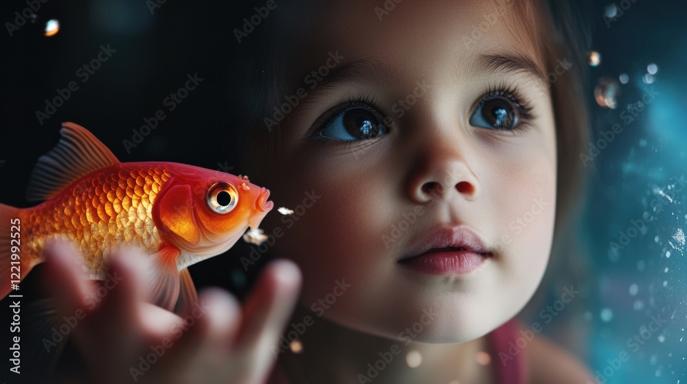 Child giving a fish flakes in an aquarium, watching intently with ...