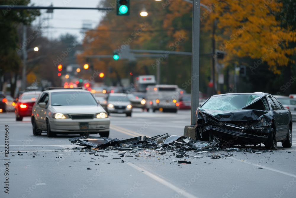 Intersection showing signs of a crash with damaged traffic lights and ...