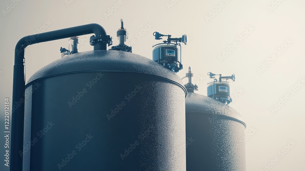 Industrial gas storage tanks with pressure gauges in a modern facility ...
