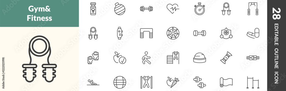 outline fitness and gym icons set. editable linear broccoli porcion ...