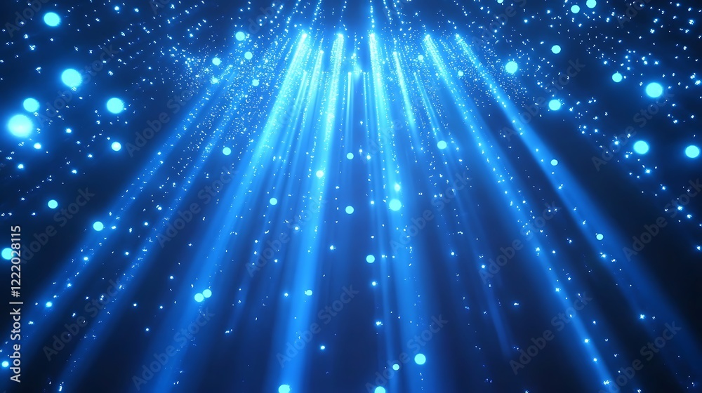 Blue background, top view of blue light strips falling from the sky in ...