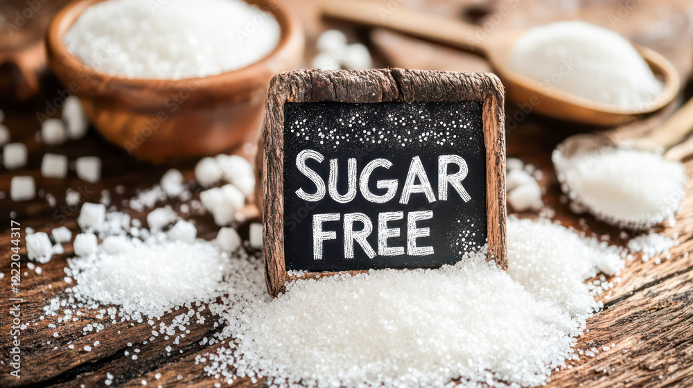 White sugar and words sugar free letters written in sugar grains on ...