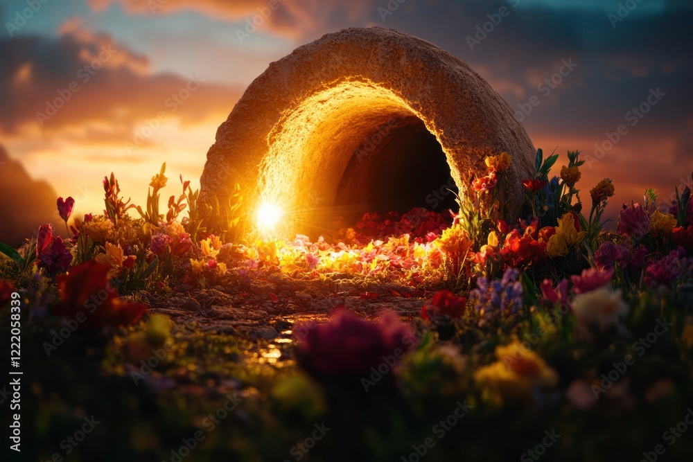 Resurrection of Jesus Christ: Empty Tomb with Abstract Lights and Flare ...
