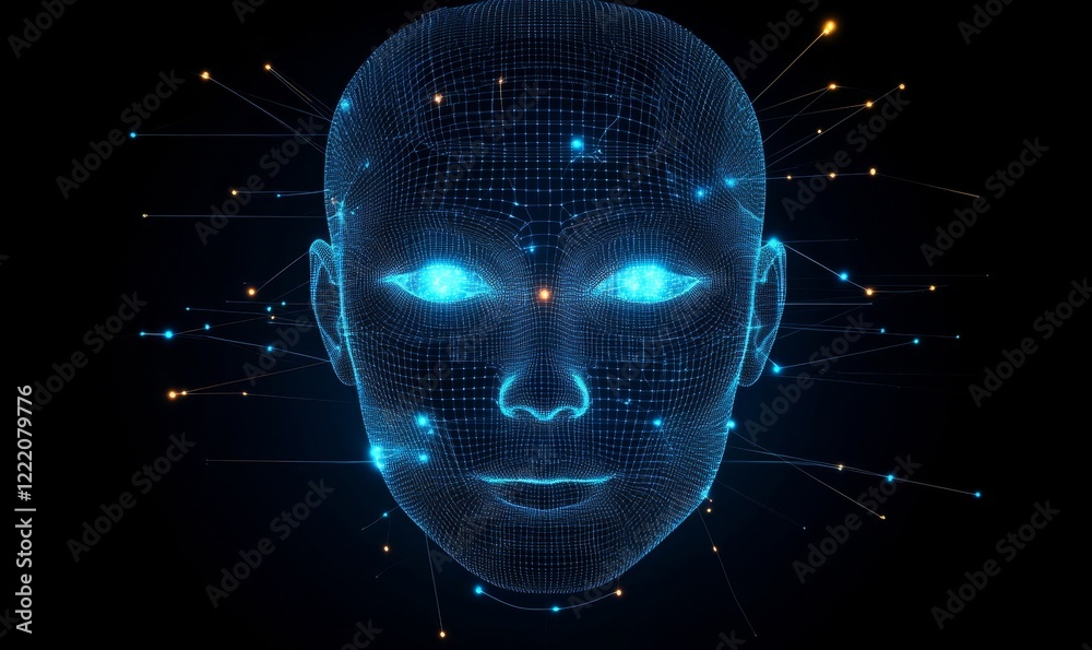 Futuristic AI-Generated Deepfake Human Face with Digital Dots and Neon ...