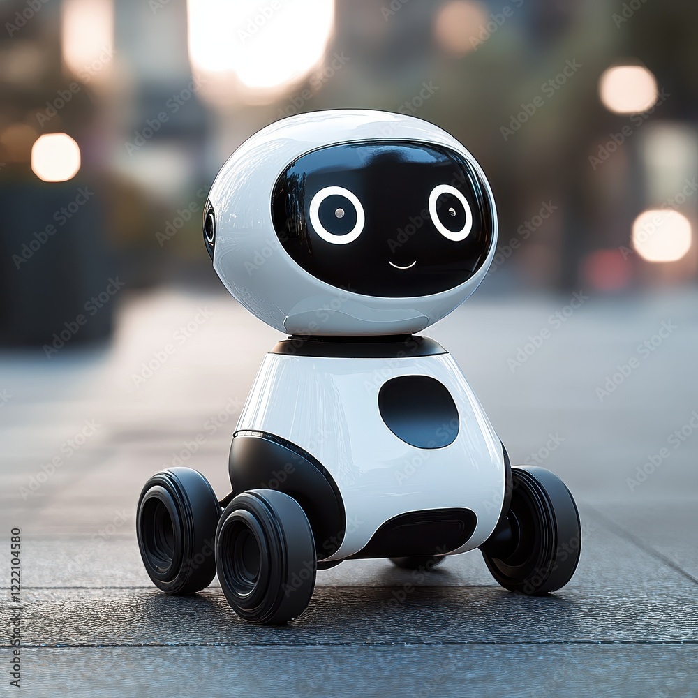 Friendly Cute Robot Companion with Big Eyes in Urban Environment Stock ...