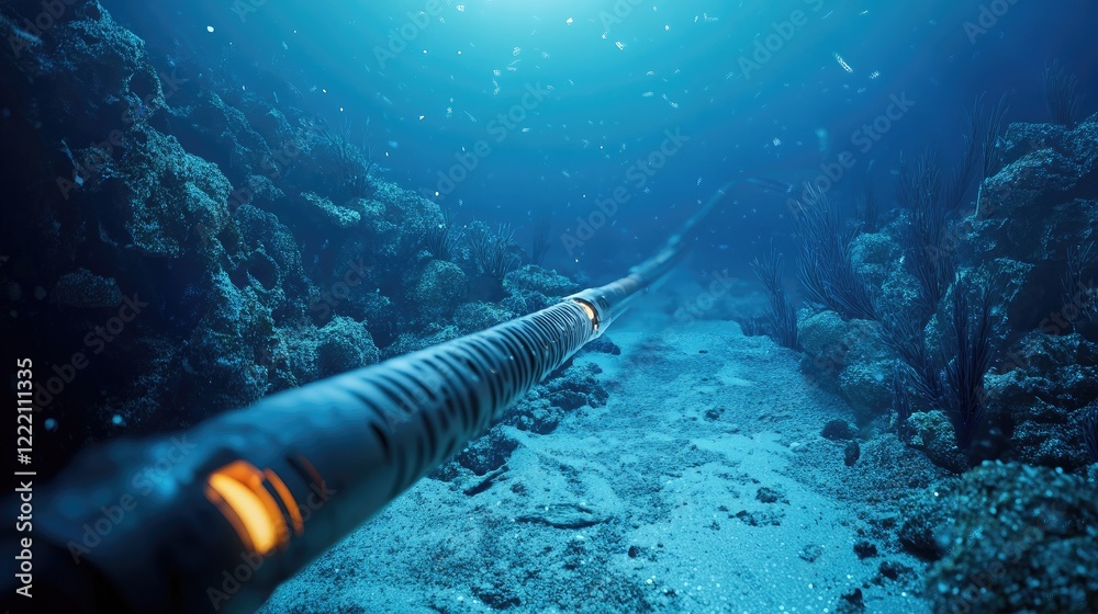 Subsea fiber optic cables transmitting data through the ocean floor, illustrating global ...