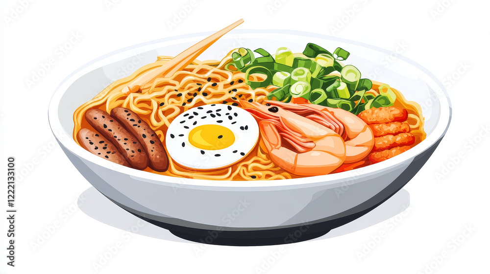 Hot ready to eat noodle with additions and steam in red bowl. Cartoon ...
