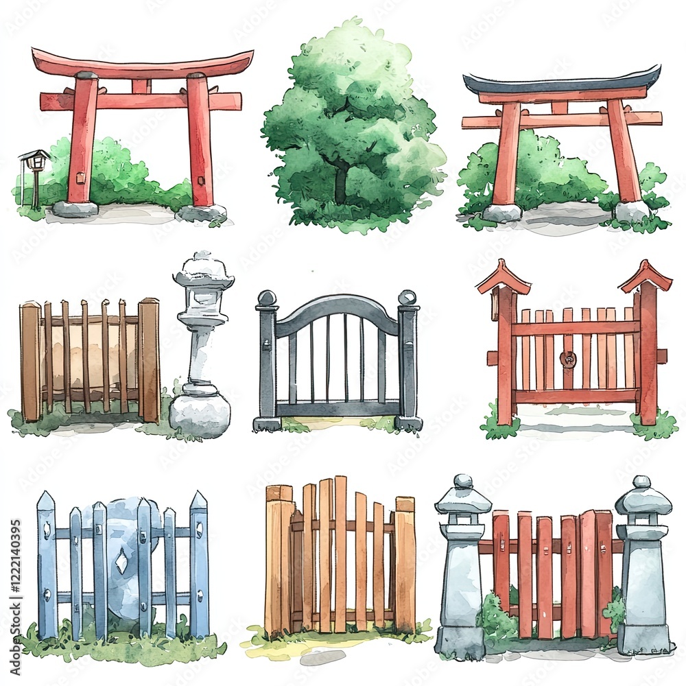 Watercolor illustration of 9 different Japanese style gates and fences ...