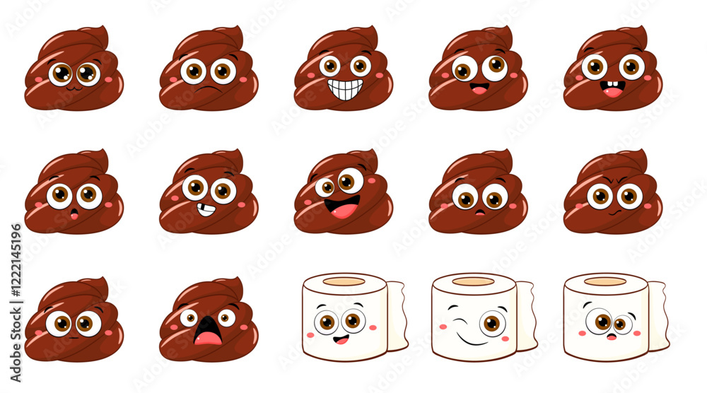 Collection of Cute funny poop and toilet paper characters with ...