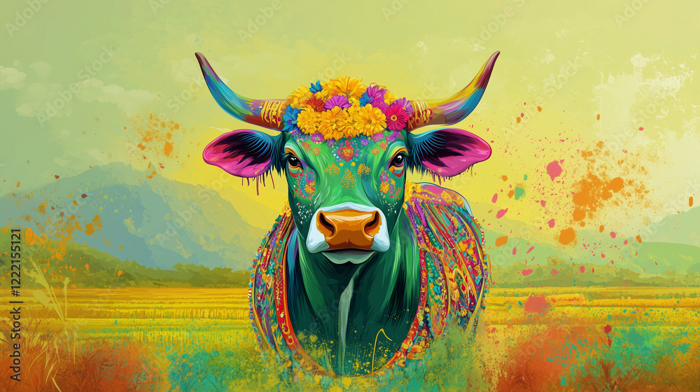 Holi Cow Festival Banner with soft green and yellow color gradation, in ...