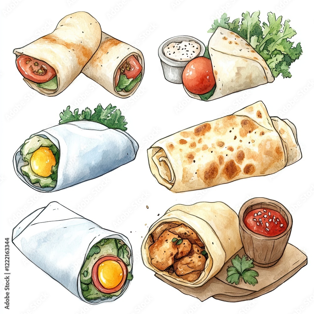 Watercolor illustration of six different types of wraps with various ...