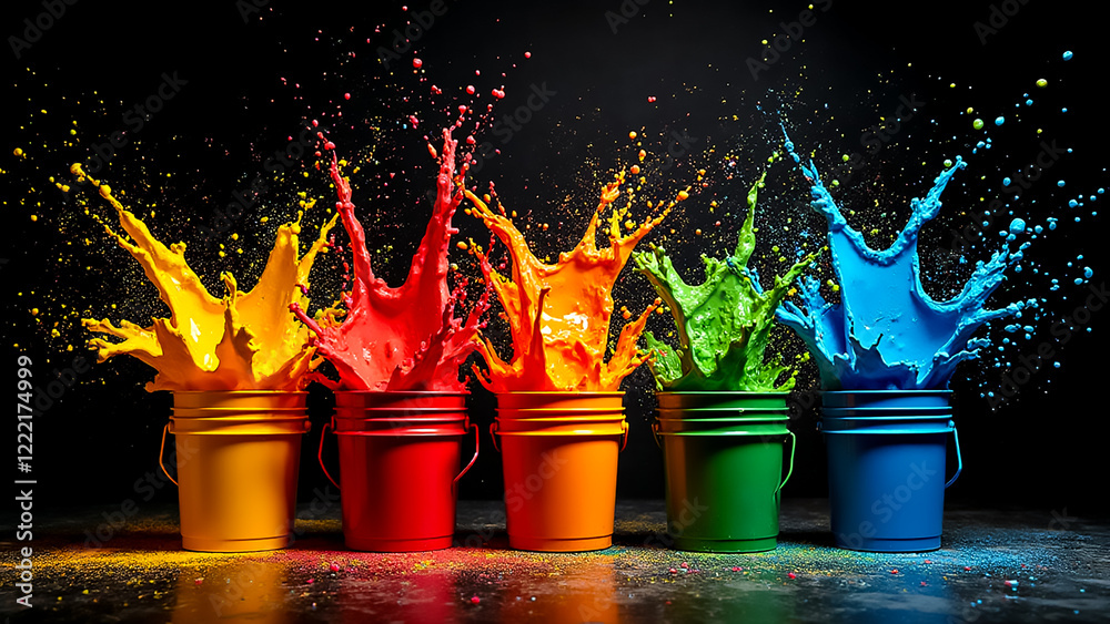 Bright paint spills from five buckets in vibrant colors, creating ...