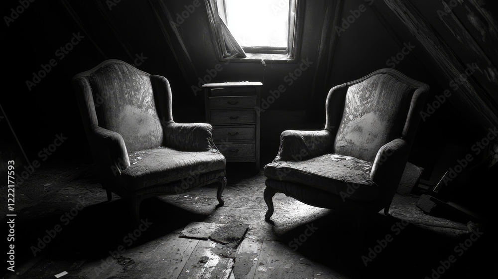 Old abandoned attic house room interior at night cartoon halloween ...