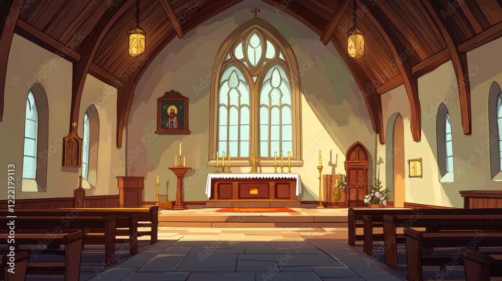 Catholic church interior with altar, wooden benches, tall arch window ...