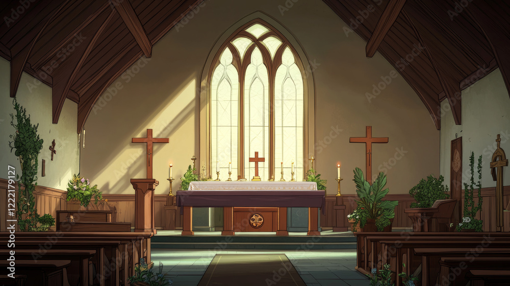 Catholic church interior with altar, wooden benches, tall arch window ...