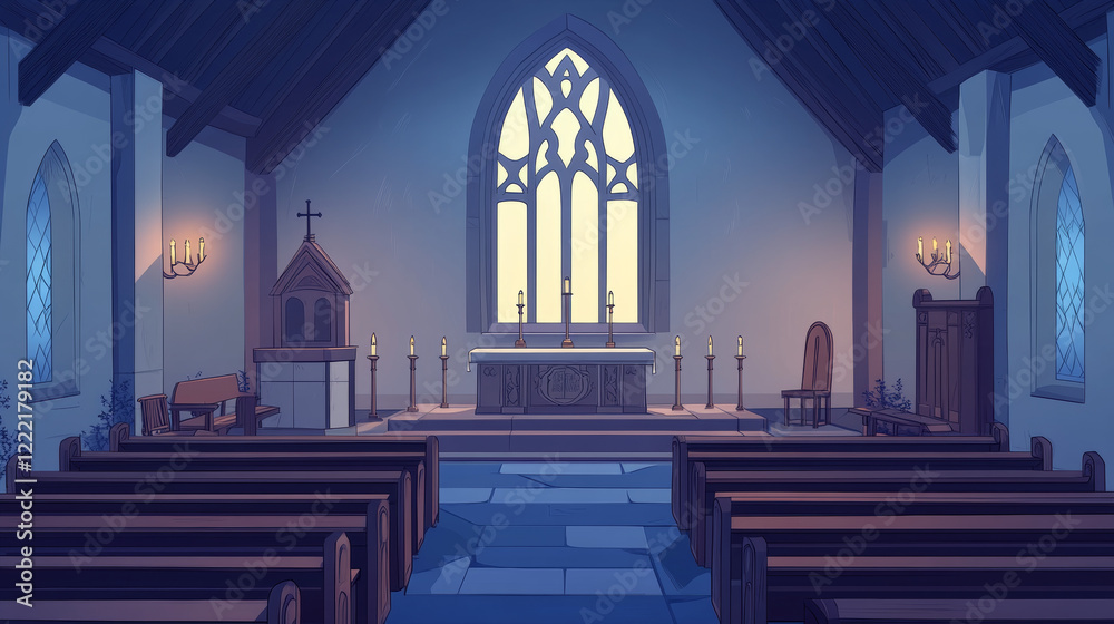 Catholic church interior with altar, wooden benches, tall arch window ...