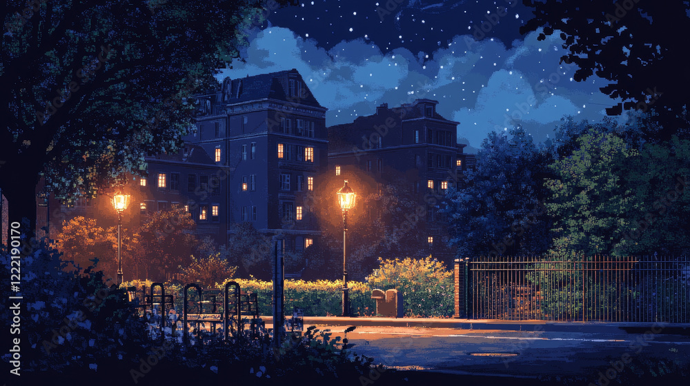 City street with sidewalk, park and buildings behind fence at night ...